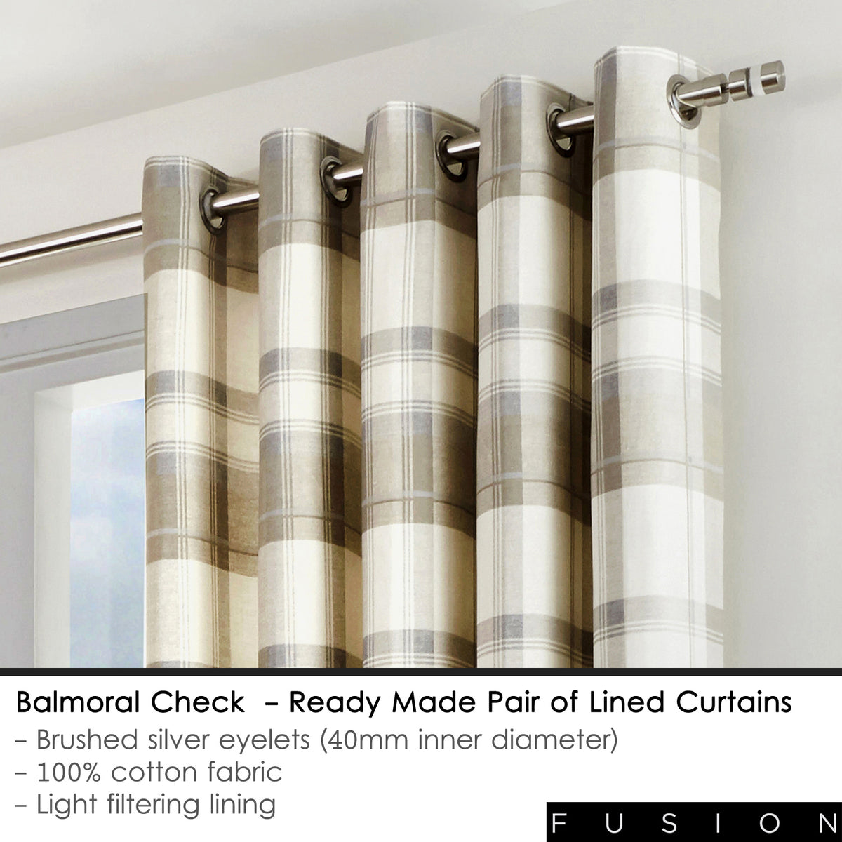 Balmoral Check - 100% Cotton Lined Eyelet Curtains in Natural - by Fus ...