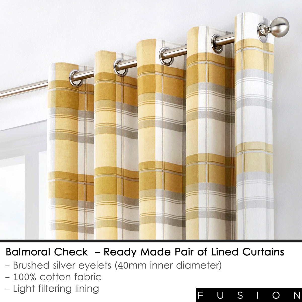 Balmoral Check - 100% Cotton Lined Eyelet Curtains in Ochre - by Fusio ...
